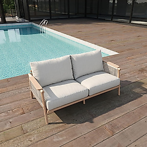 Acanva Modern All-Weather Aluminum Outdoor Patio Sofa with Thick Cushions, Olefin Fabric Sunroom Backyard Furniture, Light Khaki, Loveseat