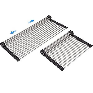 ARAINY Large Telescopic Drain Rack Roll Up Dishes Drying Rack Expandable Kitchen Sink Rack Over The Sink Dish Drying Rack SUS304 Stainless Steel Dish Rack (21.25''x12.79'')