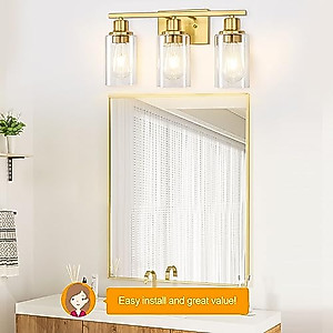 3-Light Brushed Gold Bathroom Light Fixtures, Brushed Brass Vanity Light Fixture Modern Bath Wall Sconce Lighting Wall Mount Lights Over Mirror with Clear Glass Shade for Living Room Bedroom Hallway