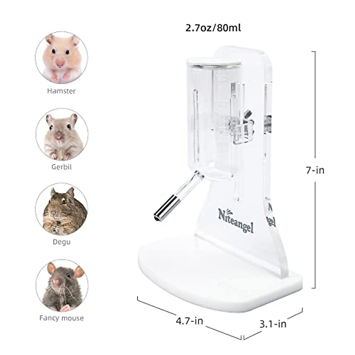 Niteangel 80ml Hamster Water Bottle with Stand No Drip Gerbil Water Feeder Dispenser for Hamster Gerbils Mice Degus Lemming Hedgehog Small-Sized Pet