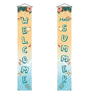 Pudodo Welcome Hello Summer Porch Banner Beach Themed Sea Palm Leaves Starfish Seashell Holiday Party Front Door Wall Sign Decoration
