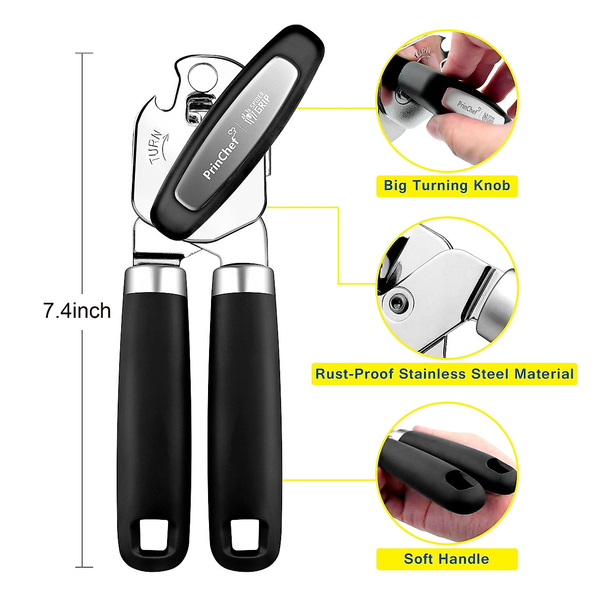SPIDER GRIP Can Opener Manual, Can Opener with Magnet [Upgraded], No-Trouble-Lid-Lift, Handheld Can Opener Smooth Edge Sharp Blade with Soft Handles, Easy Grip & Heavy Duty, Black