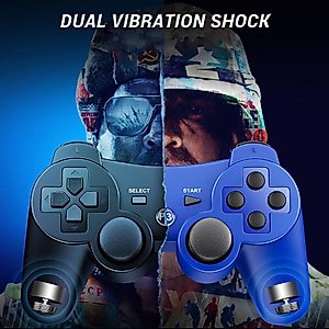 OKHAHA Controller 2 Pack for PS3 Wireless Controller for Sony Playstation 3, Double Shock 3, Bluetooth, Rechargeable, Motion Sensor, Remote for PS3 (No Stripes(Black + Blue))