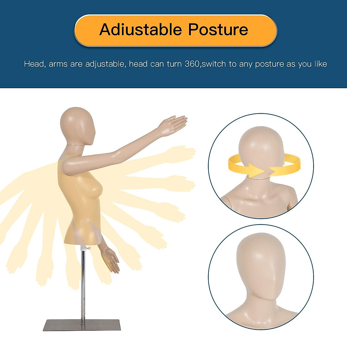 Female/Male Mannequin,39-56/42-59 Inch Height Adjustable Torso Dress Form Sewing Manikin Dress Model Mannequin Stand Mannequin Display Head Dress Mannequin Clothing Form Metal Base Stand (39-56Inch)