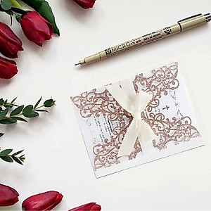 KALOPEZY 50PCS Wedding Invitation,Rose Gold invitations,Gold Powder Floral Laser Cut with Blank Inner Sheet, Envelopes and Ribbons for Party Wedding Engagement Bridal Bridal Shower Invite (Rose Gold)