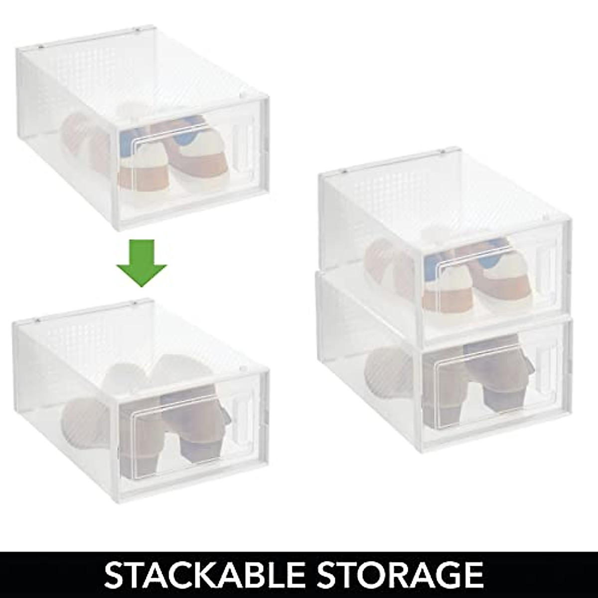 mDesign Stackable Plastic Closet Storage Box with Side Opening Panel- for Organizing Men's and Women's Shoes, Booties, Pumps, Sandals, Wedges, Flats, Heels, and Accessories, 8 Pack - White/Clear