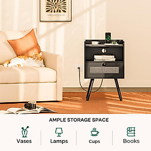 Huuger Night Stand Set of 2, Nightstand with Charging Station and LED Light Strips, Bedside Table with Glass Decorative Drawer, End Table Side Table with Solid Wood Feet, for Bedroom, Black