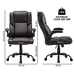 Executive Office Chair, Leather Office Chair, Adjustable Ergonomic High Back Office Chair with Flip-up Armrests, Executive Desk Chair Swivel Rolling Computer Chair with Lumbar Support (Brown)