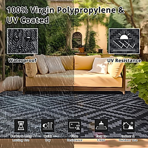 Outdoor Camping Rug Waterproof 6x9FT, Large Reversible Stain&UV Resistant Plastic Straw RV Rug for Outside Patio Pool Deck Beach Indoor, Area Carpet Mat with Portable Bag&4 Stakes-Black Grey Rhombus