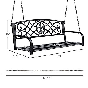 Outsunny 2-Person Porch Swing, Hanging Steel Patio Swing, Outdoor Swing Bench with Fleur-de-Lis Design for Garden Deck, 528 LBS Weight Capacity, Black