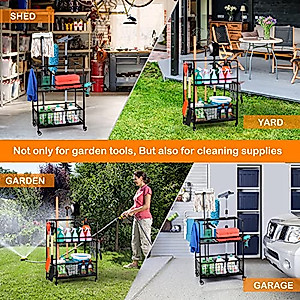 Garden Tool Storage Organizer with Wheels, Yard Tool Stand Holder Racks, Garage Tool Rack, Garden Tool Rolling Cart, Garage Organizers and Storage Hold Garden Tools for Garage Lawn and Outdoor