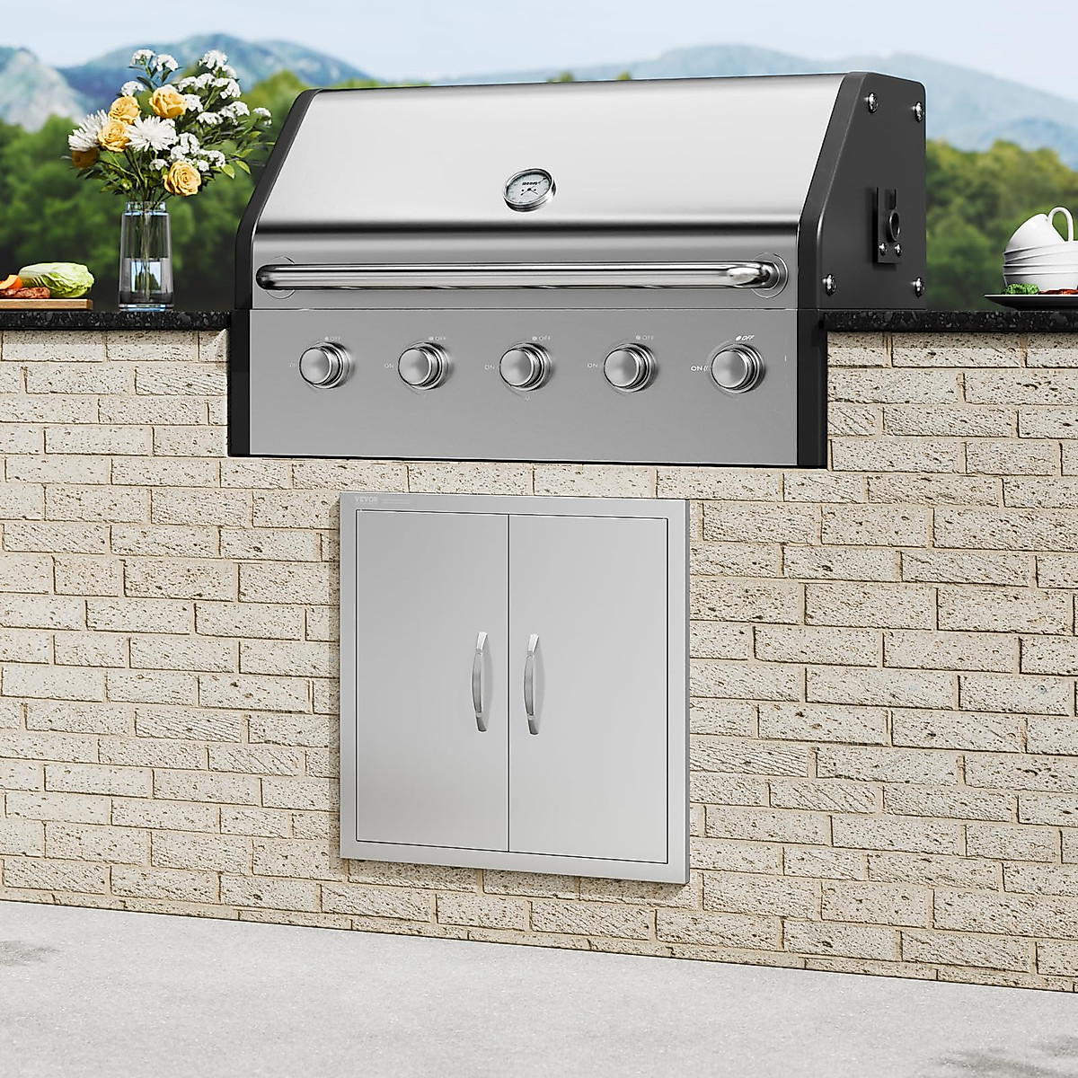 VEVOR BBQ Access Door 24W x 24H Inch, Grill Door Double Door Brushed Stainless Steel, Outdoor Kitchen Doors for BBQ Island Grilling Station