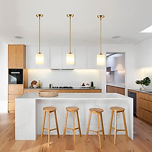 BYOLIIMA Modern Gold Pendant Light 3 Pack Brushed Brass Mid Century Chandelier White Cylinder Glass Shades Adjustable Rods Farmhouse Ceiling Hanging Lighting Fixture Kitchen Island Dining Room Bedroom