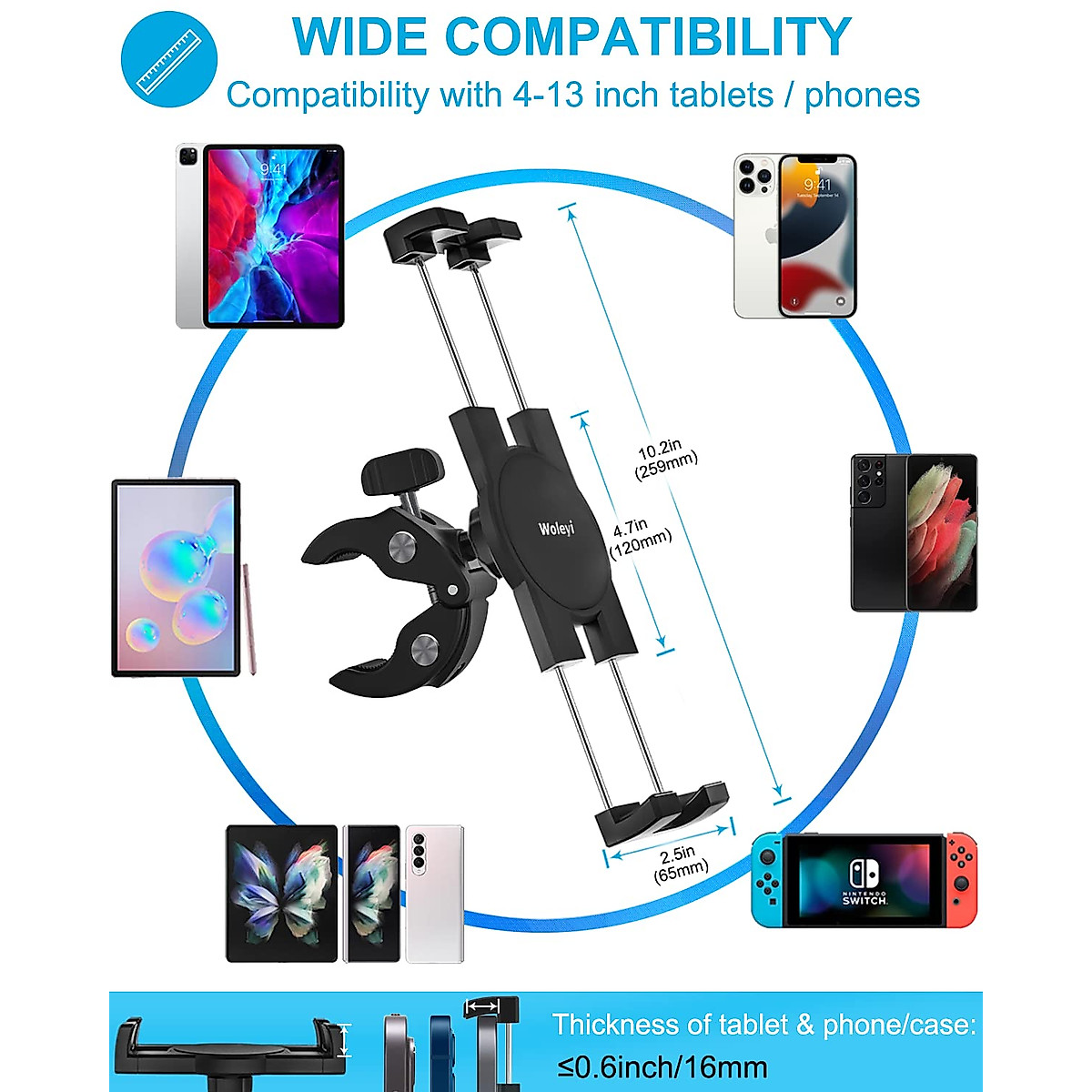 woleyi Tablet Mic Stand Holder, Microphone Music Tablet Mount with Ultra Stable C-Clamp, Compatible with iPad Pro/Air/Mini, Galaxy Tabs/Z Fold, Fire HD, iPhone, More 4.7-13" Cell Phones and Tablets