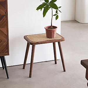 [PJ Collection] Natural Rattan Top Wood Stool, with Portable and Detachable Legs, Handcrafted Wood Stool, Lightweight Stool, Hand Woven, Comfortable Support (Rectangle, Walnut Wood)