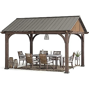 Sunjoy 12 x 14 ft. Hardtop Gazebo Premium Brown Cedar Wood Frame Gable Roof Gazebo with Ceiling Hook by SummerCove