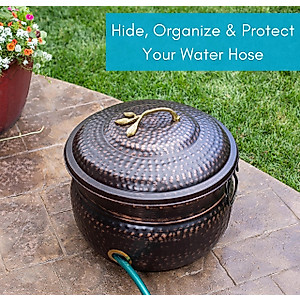 BIRDROCK HOME Decorative Water Hose Holder with Lid | Holds 200ft Hoses | Distressed Bronze | Ground Garden Hose Pot | Handle | Embossed | Steel Metal with Copper Accents | Outdoor or Indoor Use
