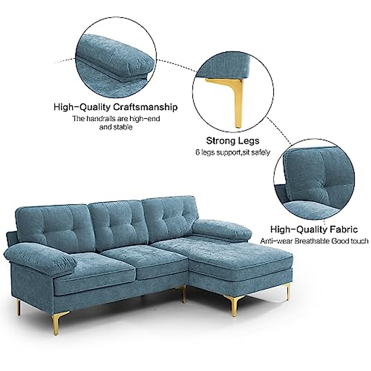 MAEVIS 79" Modern Sectiaonal Fabric Sofa Couch for Living Room,Comfortable Small Sofa, Chenille L Shaped Sofas with Solid Wood Frame, Detachable Cover and Armrest, Easy to Install(Light Blue)