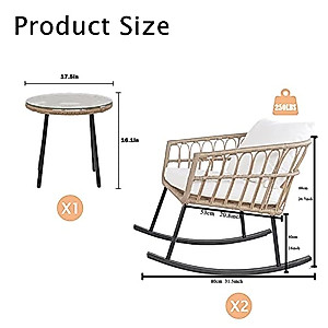 3 Pieces Rocking Chairs Set, Boho Indoor Outdoor All Weather Woven Rope Table Set, Tan Wicker Chat Set with White Cushions, Rattan Sets for Balcony, Garden, Front Porch,Indoor,Living Rooms