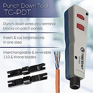 TRENDnet Punch Down Tool With 110 And Krone Blade, Insert & Cut Terminations In One Operation, Precision Blades Are Interchangeable & Reversible, Network Punch Tool, Grey, TC-PDT,White