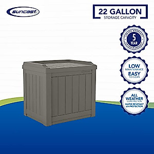 Suncast 22-Gallon Small Deck Box - Lightweight Resin Indoor/Outdoor Storage Container and Seat for Patio Cushions and Gardening Tools - Store Items on Garage, Yard - Stone Gray