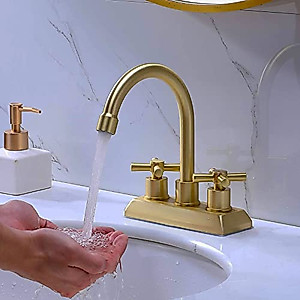 VAPSINT 2 Handle 4 Inch Centerset Brushed Gold Bathroom Faucet,Modern Commercial 2 Hole Gold Bathroom Sink Faucet,Laundry Basin Vanity Sink Faucet with Supply Lines and Pop up Drain Combo