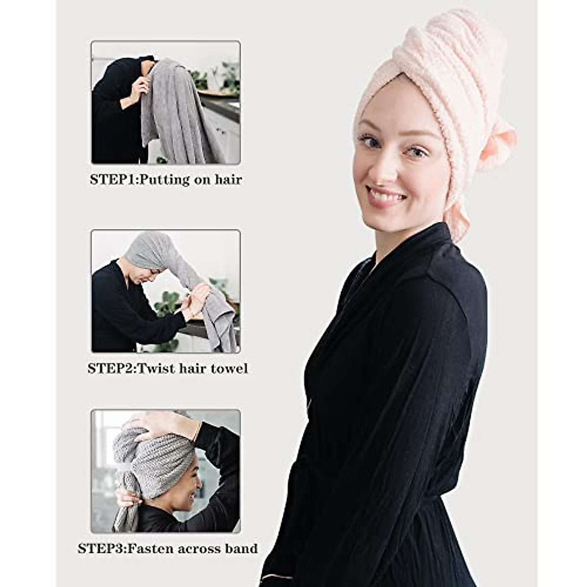 Pack of 2, Large Microfiber Hair Towels for Women-Super Absorbent & Quick Dry Hair Drying Towel- Hair Towel Wrap for Curly Hair Long & Short Hair- Anti-Frizz Hair Turbans for Wet Hair (Gray & Pink)