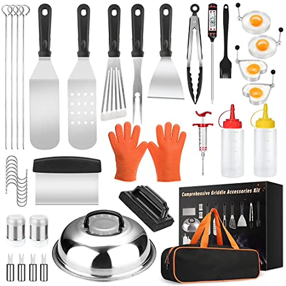 Griddle Accessories Kit, 39pcs Grilling Tools Spatulas Set for for Blackstone, Camp Chef, Stainless Steel Grill BBQ Tool Set with Basting Cover, Chopper, Spatula, Scraper, Bottle, Tongs, Egg Ring