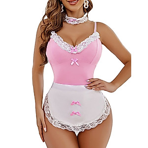 Avidlove Naughty Maid Lingerie for Women Sexy Roleplay Costumes Outfit Halloween Cosplay 3 Pieces Set Pink S