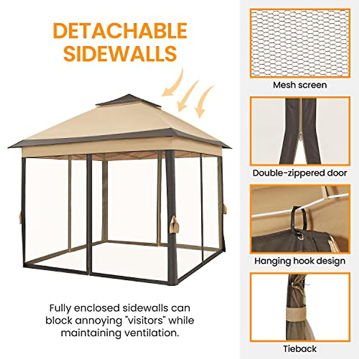 Yaheetech 11'x11' Pop Up Gazebo Outdoor Canopy Shelter Instant Pop Up Patio Gazebo Sun Shade Gazebo Canopy Tent with Double Tiers and Mesh Netting, for Lawn, Garden, Backyard and Deck (Khaki&Brown)