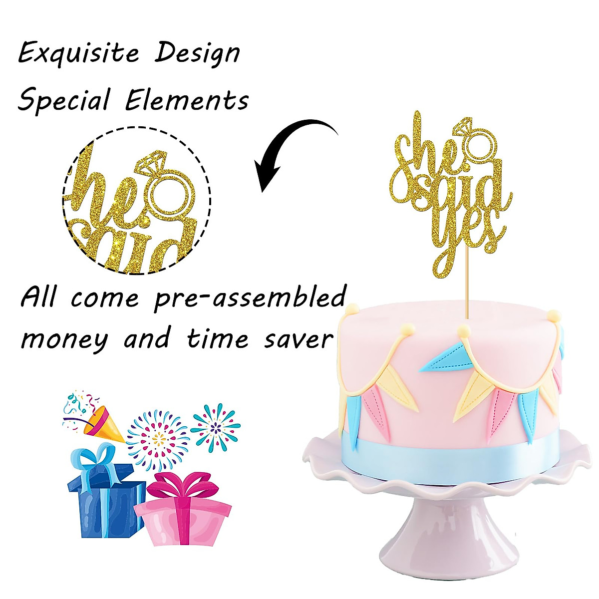Gold Glitter She Said Yes Cake Topper - for Engagement/Bridal Shower/Wedding Shower/Proposal/Bachelorette Party Decorations