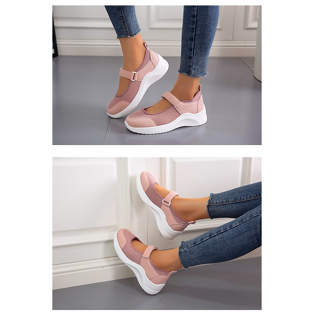 Women's Orthopedic Arch Support Platform Mary Jane Shoes,T-Strap Breathable Mesh Stretch Lightweight Comfortable Fashion Wedge Sneakers (Red,7)