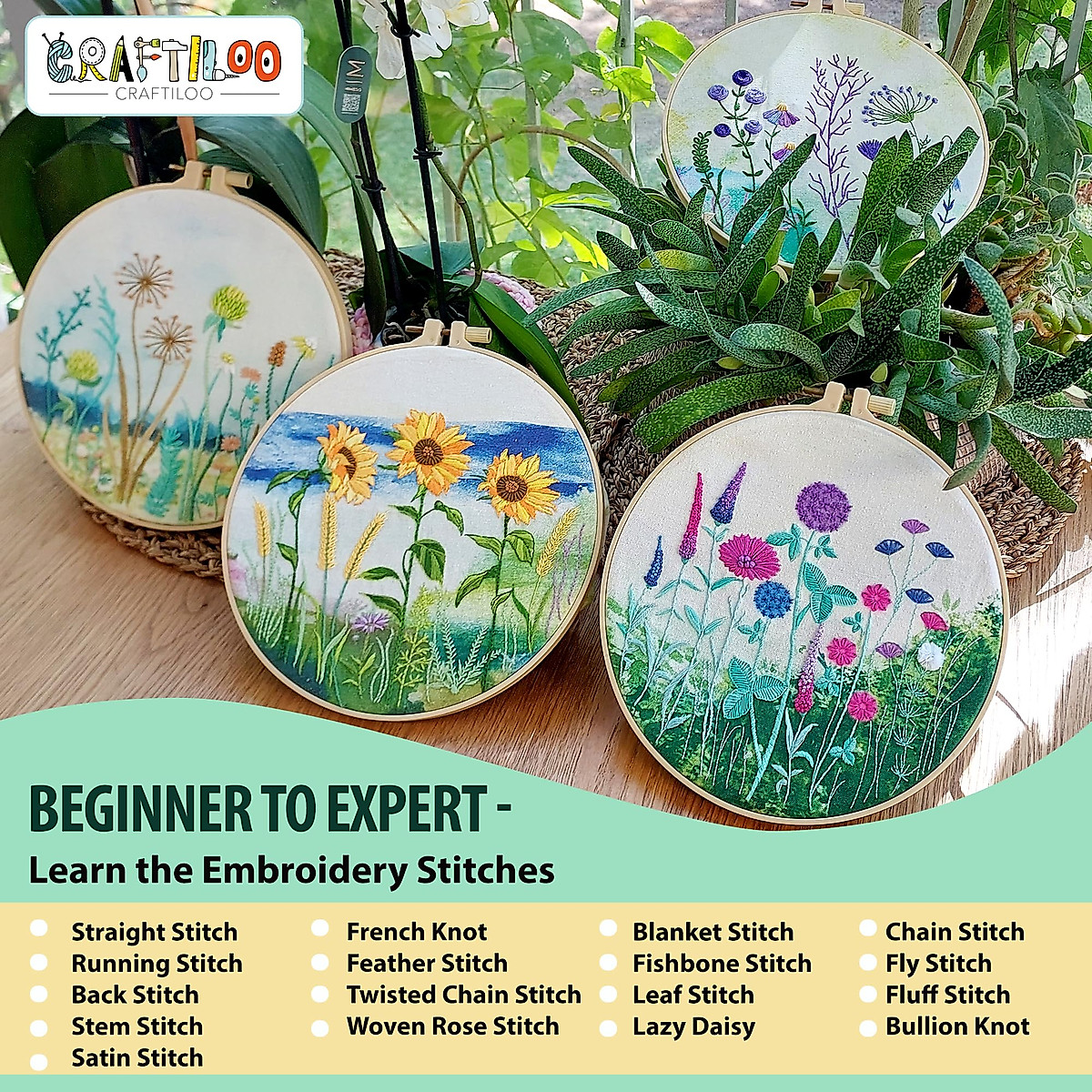 CRAFTILOO Embroidery kit for Beginners Cross Stitch for Beginners Needlepoint Kits for Adults Embroidery Kits Beginner Embroidery kit for Adults 4 Flowers