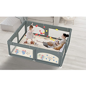 LIGHTOTOS Extra Large Baby Playpen with Mat-50 Balls-8 Hand Holds, 71x61x27 Inches Big Toddler Playpen with Carry Bag, Safety Play Yard for Infants Activity Grey