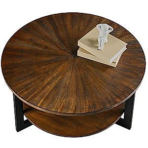 LEEMTORIG 33.5" Round Coffee Table with Storage, Farmhouse Coffee Table for Living Room, Solid Wood Circle Center Table, Rustic Brown Wood Tabletop & Metal Frame, KFZ-1338-NC