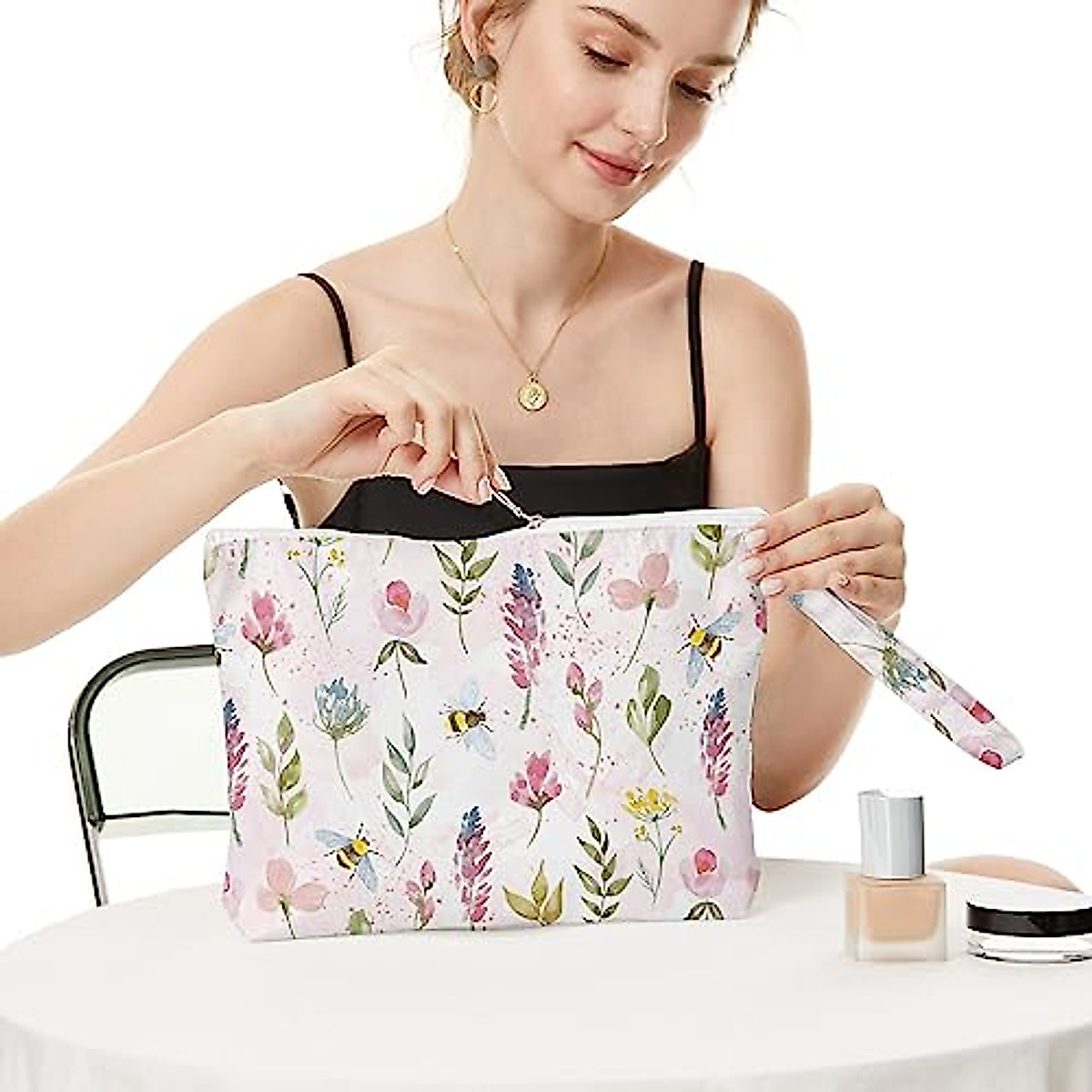 Fokongna Wet Bag, Wet Dry Bag, Makeup Bag, Toiletry Bag, Waterproof Large Capacity Travel Cosmetic Bag, Zipper Pouch for Women, Girls Mo Wife Sister Friends Baby Diaper Bag Bee Wildflower gifts