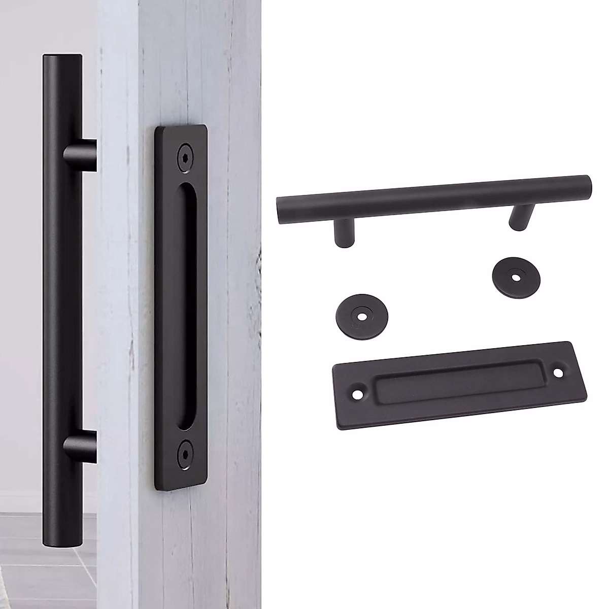 Sliding Barn Door Handle, Carbon Steel Sliding Glass Door Pull Handle Black Barn Door Handle and Flush Finger Pull with Lock Hook Latch Sets for Barn Doors, Cabinet, Garages, Wardrobes