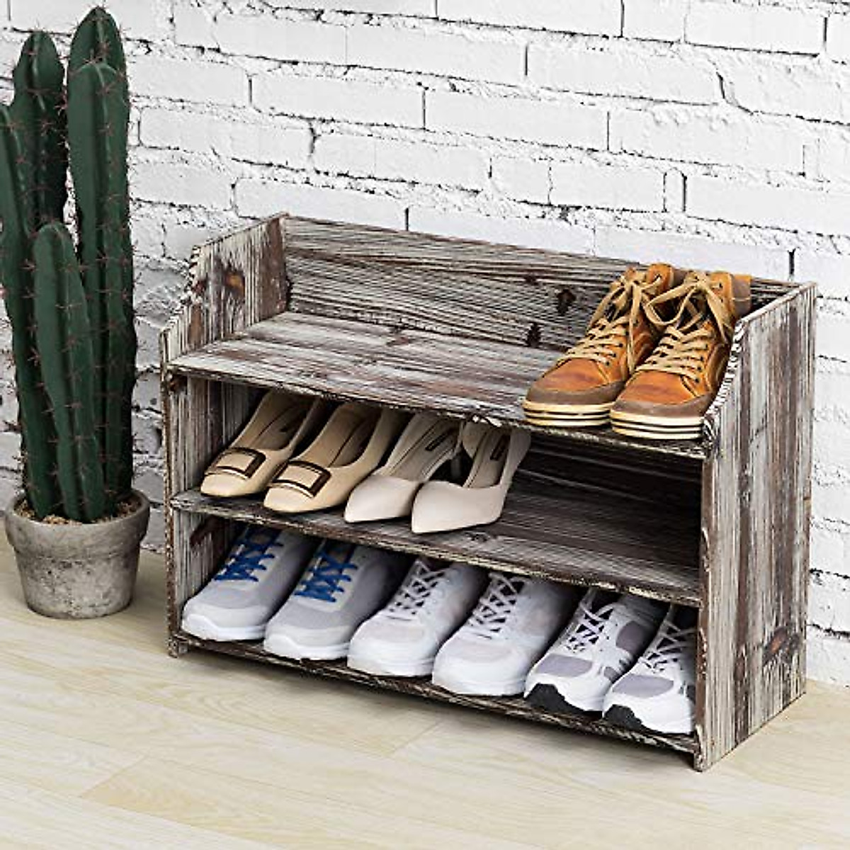 MyGift 3 Tier Rustic Torched Wood Wall Mounted/Freestanding Entryway Shoe Rack Storage Shelves, Closet Organizer Shelf