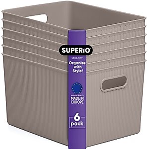 Superio Ribbed Collection - Decorative Plastic Open Home Storage Bins Organizer Baskets, X-Large Taupe (6 Pack) Container Boxes for Organizing Closet Shelves Drawer Shelf 22 Liter/23 Quart