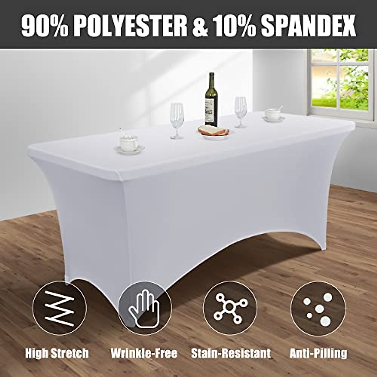 Yastouay 2 Pack 6ft Stretch Table Cloth Spandex Table Cover Tight Fitted for 6ft Rectangular Tables White Washable Tablecloths for Party, Wedding, Banquet, Outdoor (White, 6 Ft)