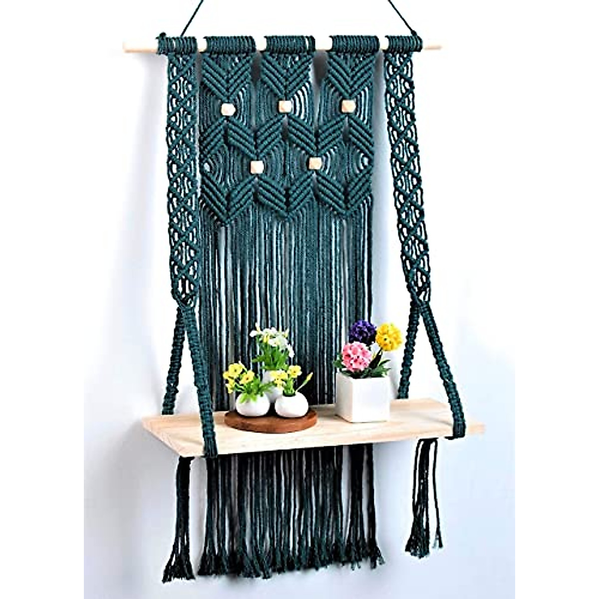 Macrame Wall Hanging Shelf-ideal décor-plants storage bookshelf-Bohemian Decorative Shelves-Boho Floating Indoor Shelving–For bedroom kitchen bathroom room with window Plant hanger-shelfs. Green