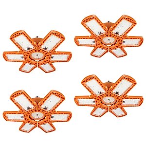 4 Pack LED Garage Light, Orange Led Garage Lights Halloween, 185W 18500LM LED Garage Ceiling Light, Super Bright Garage Lights Ceiling Led with 6+1 Deformable Panels, E26/E27 Bulb Socket Lighting