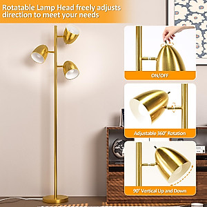 CNXIN Tree Floor Lamp with 3 Light Bulbs Standing Tall Pole Lamps with Adjustable Metal Heads 65"Reading Stand up Lamps with E26 Base Modern Floor Lamps for Living Rooms, Bedrooms, Home, Office(Gold)