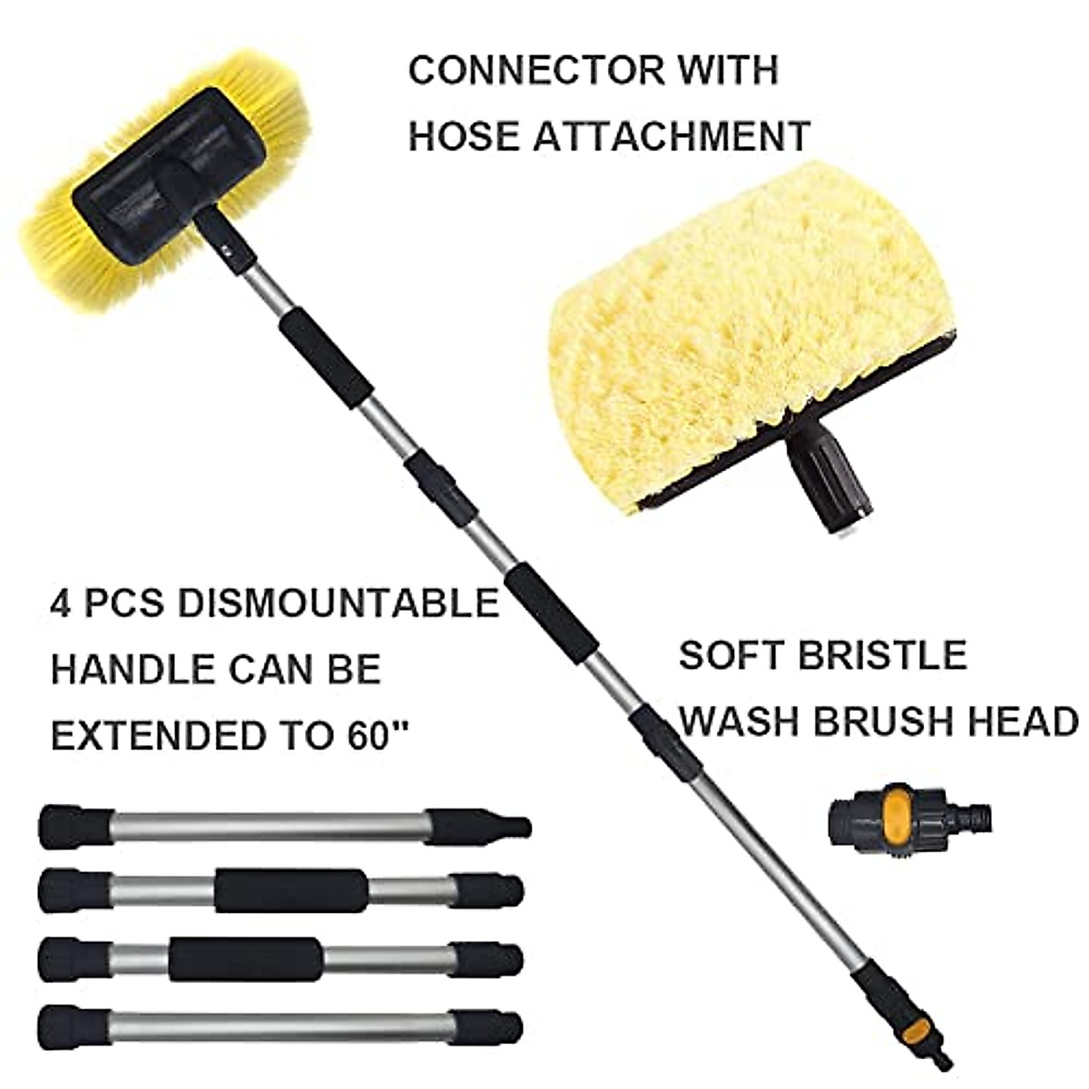 Sengo Car Wash Brush with 12'' Lock Type No Loose No Rotate Soft Bristle Brush and 60'' Dismountable Pole with on/Off Switch for Maximum Cleaning