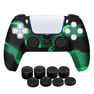 TNP Controller Case for PS5 Silicone Controller Skin for Dualsense Cover + 8 Pro Thumb Grips Set Sony Playstation 5 Skins Accessories Dark Green with Ergonomic Textured Grip