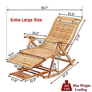 Wisfor Bamboo Lounge Chair Large Adjustable Rocking Chair Reclining Patio Chair with Headrest Pillow and Foot Massage Board for Max Loading Weight 441lbs
