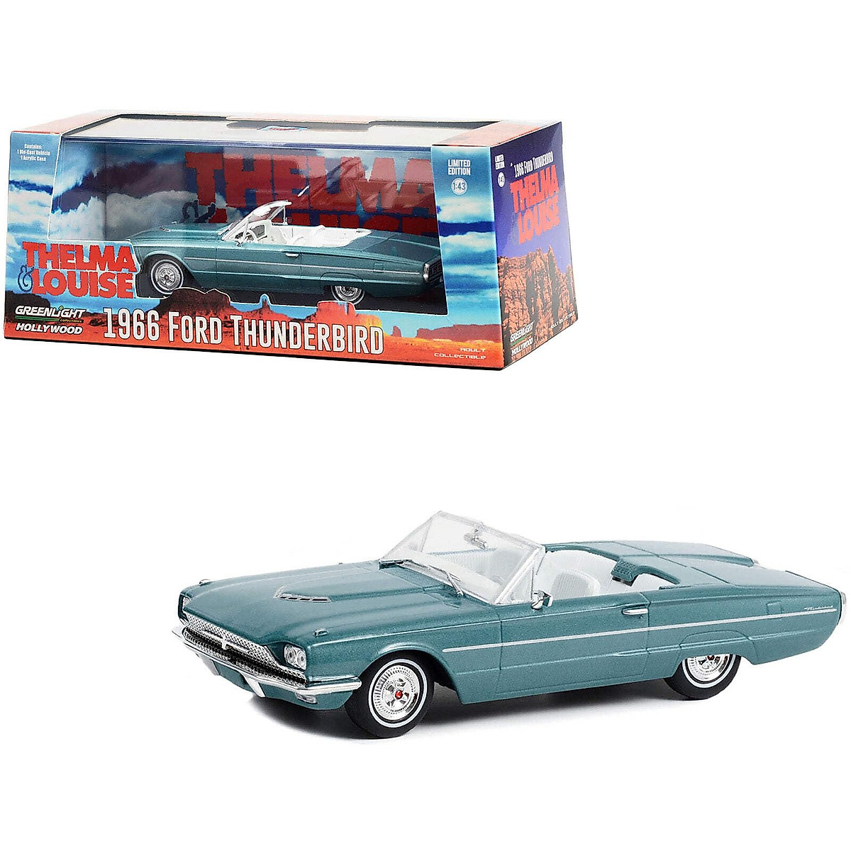 Greenlight 1966 Ford Thunderbird Convertible Light Blue Metallic with White Interior Thelma & Louise (1991) Movie Hollywood Series 1/43 Diecast Model Car