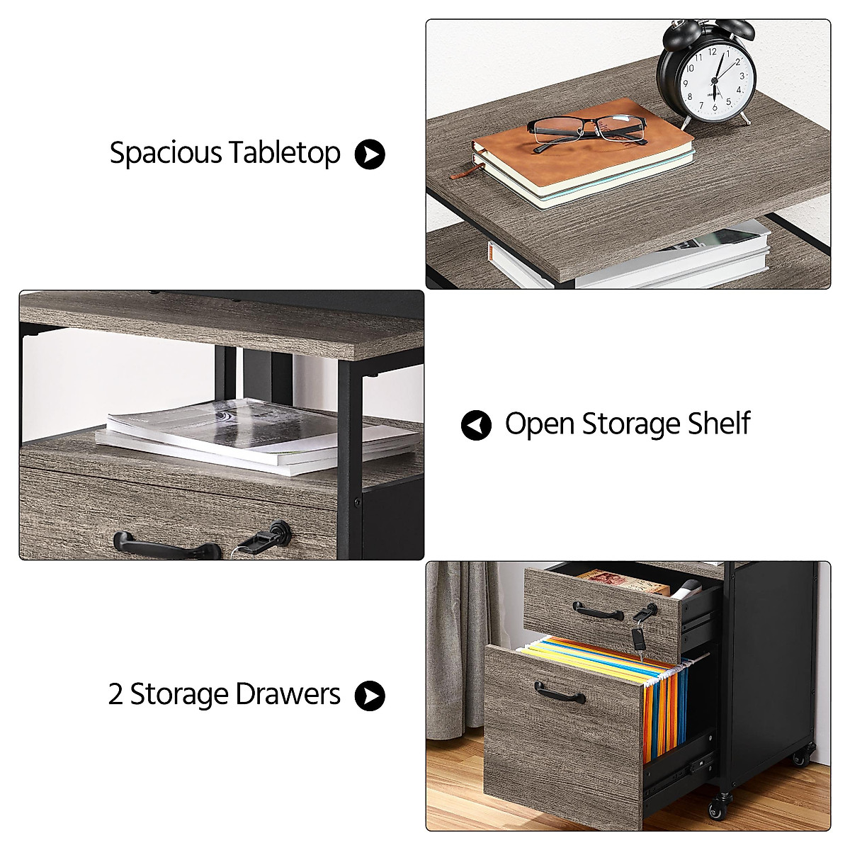 Yaheetech Mobile File Cabinet, Rolling Filing Office Cabinet with Wheels and Lock for A4, Letter Size, Printer Stand with Open Shelf for Home Office, Hanging File Folders, Taupe Wood+Black