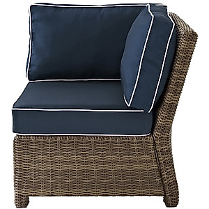 Crosley Furniture Bradenton Corner Outdoor Sectional Chair, Wicker Patio Chairs for Porch, Deck, Backyard, Brown with Navy Cushions