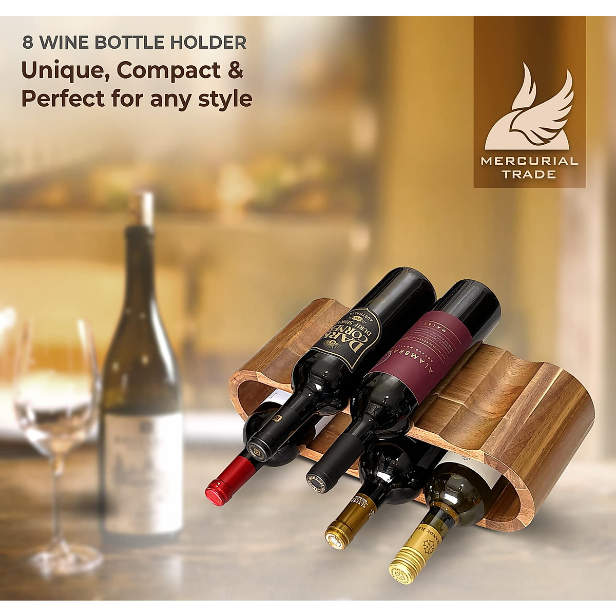 Mercurial Trade Wine Rack Free Standing 8 Bottle Acacia Wine Racks Countertop Cabinet Wine Holder Stand Wine Storage Shelf for Kitchen, Bar, Pantry